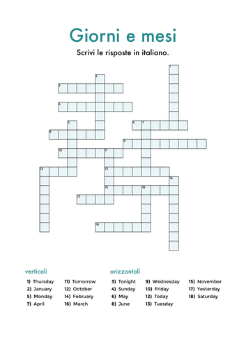 Giorni E Mesi Italian Days & Months Crossword | Teaching Resources
