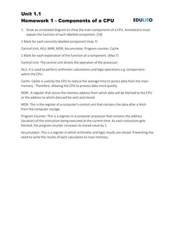 Homework Activity Unit 1 1components Of A Cpu Ocr J277 Gcse Computer