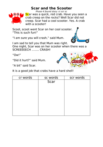 Phase 4 Sound story: sc scr cr | Teaching Resources
