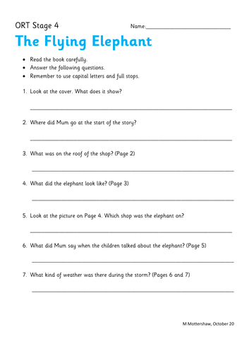 ORT Stage 4 Reading Comprehension The Flying Elephant | Teaching Resources