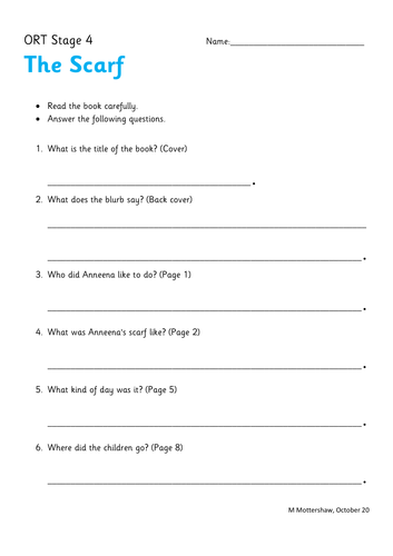 ORT Stage 4 Reading Comprehension The Scarf | Teaching Resources