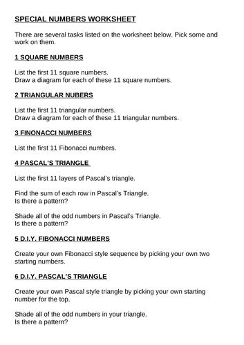 Special numbers worksheet (square, triangular, Fibonacci, Pascal ...
