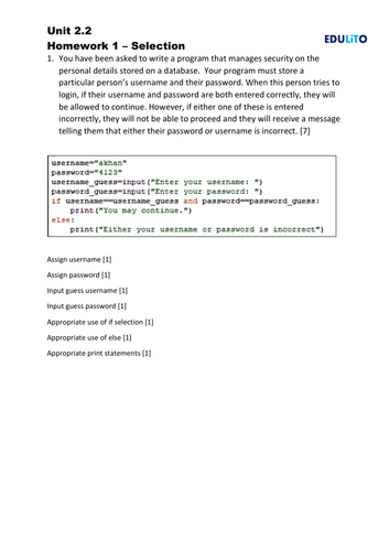 Homework Activity Unit 2 2 Selection Ocr J277 Gcse Computer Science