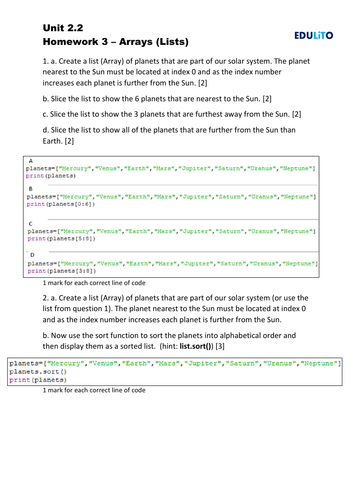 Homework Activity Unit 22 Arrays Lists Ocr J277 Gcse Computer Science Teaching Resources