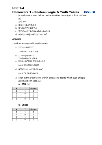 Homework Activity Unit 2 4 Boolean Logic And Truth Tables Ocr 277 Gcse Computer Science