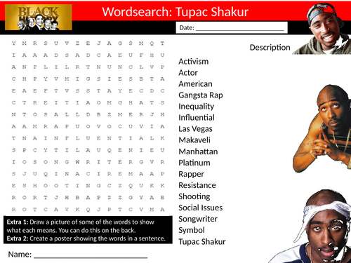 Tupac Shakur Wordsearch Keyword Starter Settler Music Lesson Black ...