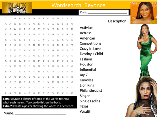 Beyonce Wordsearch Keyword Starter Settler Music Cover Lesson Black ...
