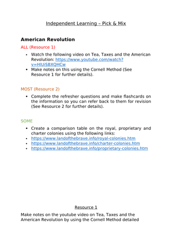 American Revolution - Independent Learning Sheet | Teaching Resources