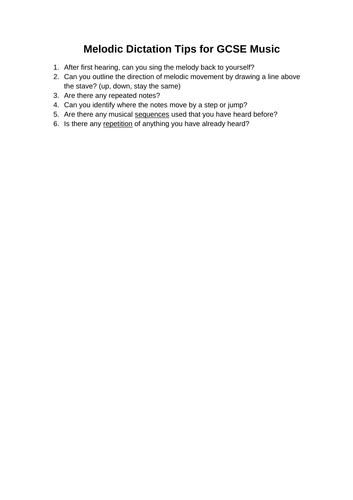 GCSE Music - Musical Dictation Tips and exercise | Teaching Resources