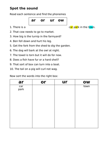 Phase 3 soundspot sentences: ar or ur ow | Teaching Resources