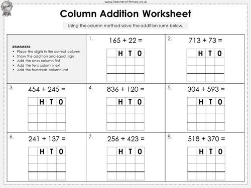 Column Addition 1 - Year 3 | Teaching Resources