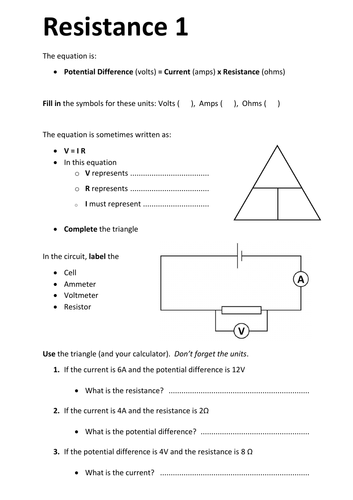 Resistance worksheet (Foundation) | Teaching Resources
