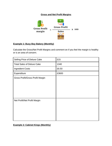 Gross/Net Profit Margin Calculations Worksheet | Teaching Resources