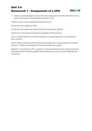 Homework Activity Unit 3 4 Components Of A Cpu Aqa 8525 Gcse Computer Science Teaching