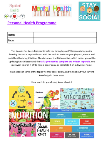 Home Learning PE - Personal Health Programme (Online PE Resource ...