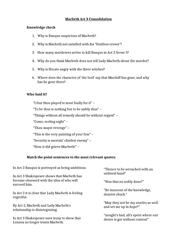 Macbeth Act 3 Consolidation / Revision Tasks | Teaching Resources