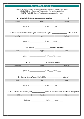Romeo and Juliet Quotation Quiz | Teaching Resources