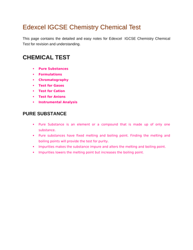 GCSE EDEXCEL Chemistry Chemical Test Complete Revision Summary ...