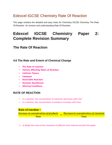 GCSE EDEXCEL Chemistry Rate Of Reaction Complete Revision Summary ...