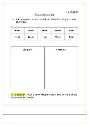 Long and Short /oo/ sound sorting | Teaching Resources