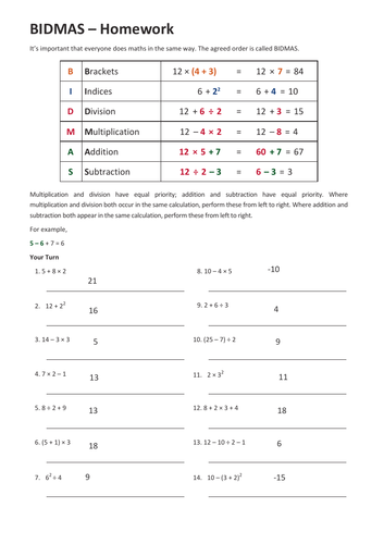 Bidmas-Worksheet | Teaching Resources