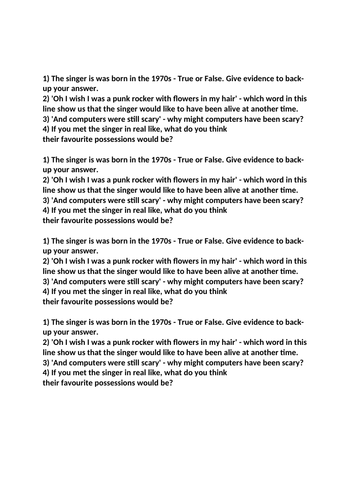 A pack of Karaoke comprehension questions based on popular songs ...