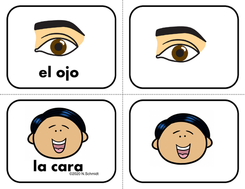 Spanish Body Parts: 22 Flashcards for Memory/Matching Game: Partes del ...