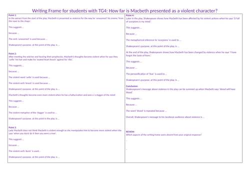 Macbeth Writing Frames on Ambition, Deception and Guilt for low ability ...