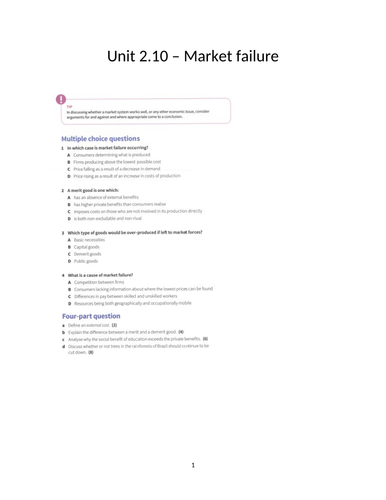 2.10 Market failure (IGCSE Microeconomics) | Teaching Resources