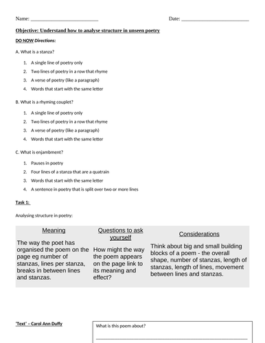 Unseen poetry analysis lessons for GCSE | Teaching Resources