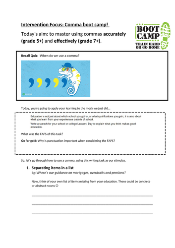 AO6 Spag: Comma boot camp AQA English Language Paper 2 | Teaching Resources