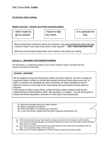 10X Year 7 Cover Lessons - English | Teaching Resources