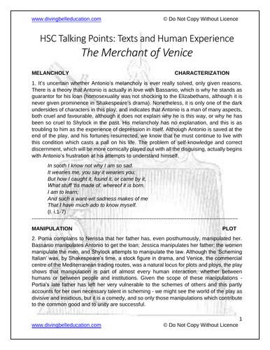 Talking Points - HSC Common Module: Merchant of Venice | Teaching Resources