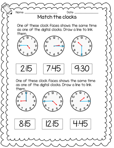 Telling the time workbook 2 - oclock half past quarter past quarter to ...