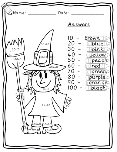 Colouring worksheets Maths adding tens up to 100 Halloween Y1 Y2 Y3 ...