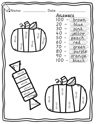 Colouring worksheets Maths adding tens up to 100 Halloween Y1 Y2 Y3 ...