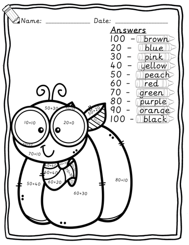 Colouring worksheets Maths adding tens up to 100 Halloween Y1 Y2 Y3 ...