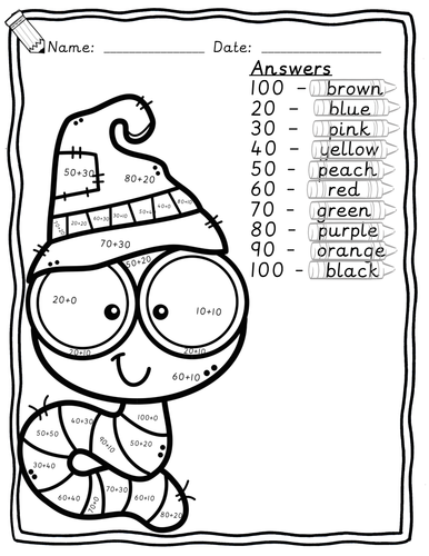 Colouring worksheets Maths adding tens up to 100 Halloween Y1 Y2 Y3 ...