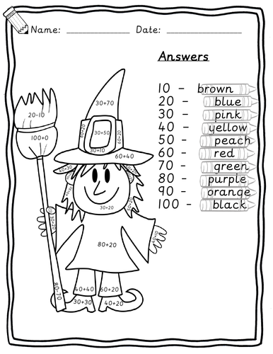 Colouring worksheets Maths adding tens up to 100 Halloween Y1 Y2 Y3 ...