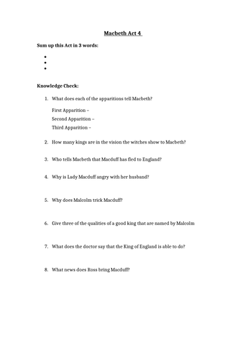 Macbeth Act 4 Consolidation / Revision Activities | Teaching Resources