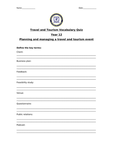 Coursework Vocabulary quiz: Travel and Tourism AS and A Level ...