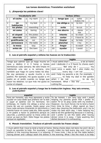 Spanish GCSE Las tareas domésticas: Chores/ Helping at home Translation ...