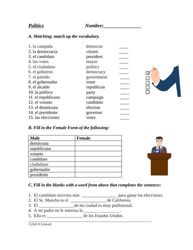 Spanish Politics and Elections Vocabulary Worksheet: Política y ...