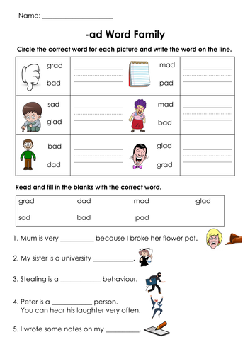 Phonics Short A Vowel Family Words (-ab, -ad, -ag, -am, -an, -ap, -at ...