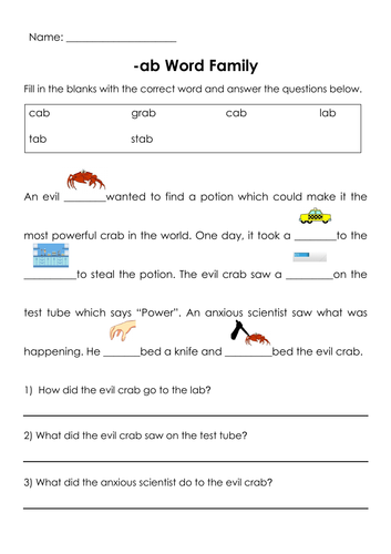Phonics Short A Vowel Family Words (-ab, -ad, -ag, -am, -an, -ap, -at ...