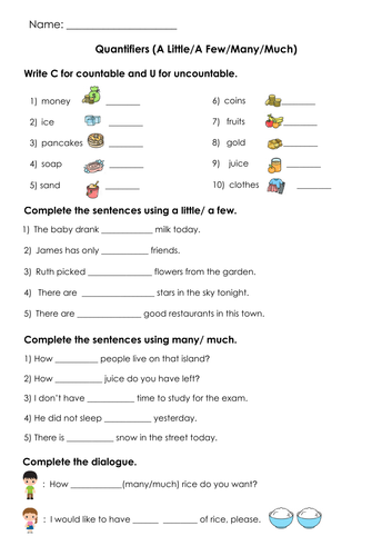 Grammar Quantifiers (A Little/ A Few / Many/ Much) Printable | Teaching ...