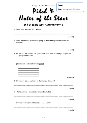 KS3 MUSIC WORKBOOK: "PITCH & NOTES OF THE STAVE" [AN INTRODUCTION] SoW ...