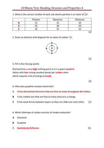 GCSE Structure and Bonding 'Ten Minute Tests' | Teaching Resources