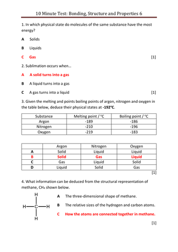 GCSE Structure and Bonding 'Ten Minute Tests' | Teaching Resources