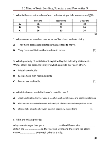 GCSE Structure and Bonding 'Ten Minute Tests' | Teaching Resources